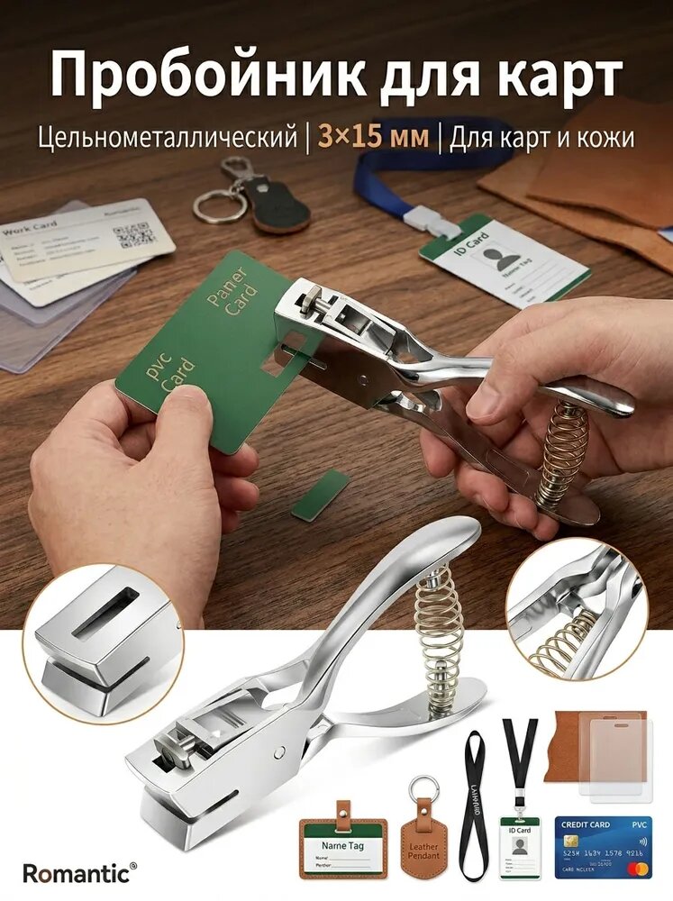 Сверхмощный металлический дырокол 3 мм x 15 мм Дырокол для идентификационного бейджа с усиленной пружиной для идентификационной карты из ПВХ, ламинированной карты