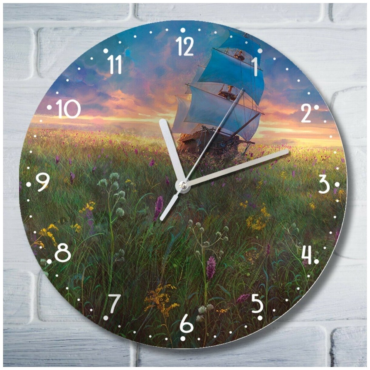Настенные часы УФ с рисунком пейзаж корабль поле закат - 3177