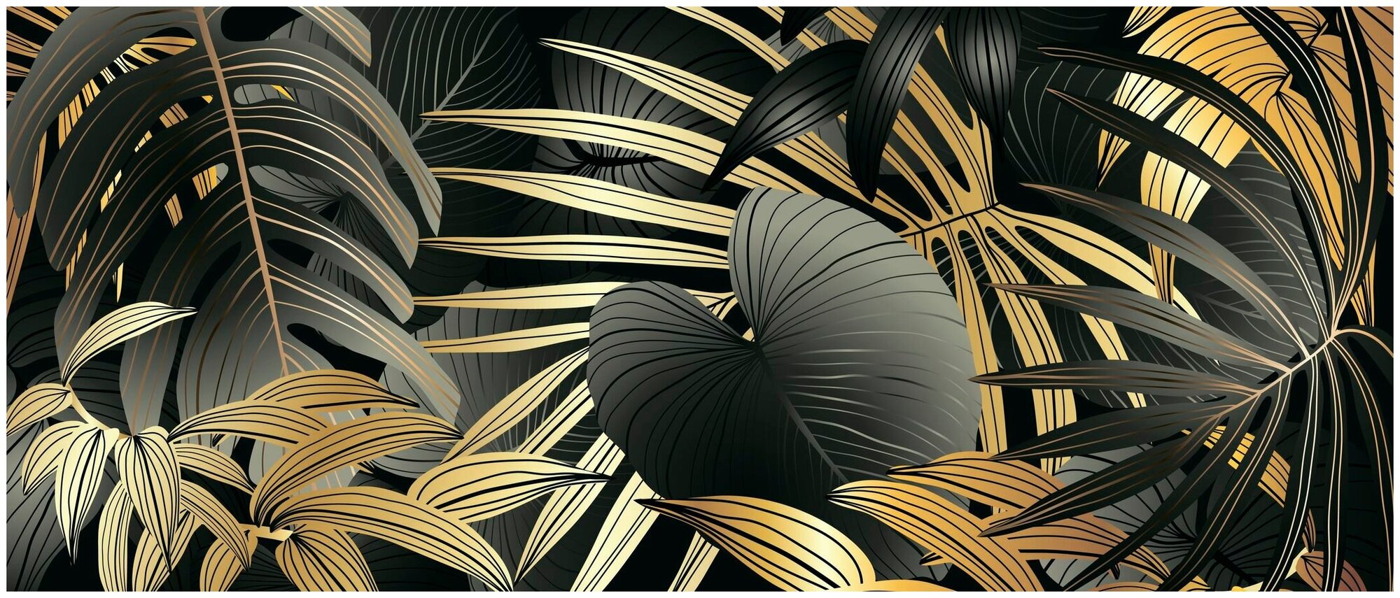 Фотообои Уютная стена "Листья кружащие в золотых джунглях" 640х270 см Виниловые Бесшовные (единым полотном)