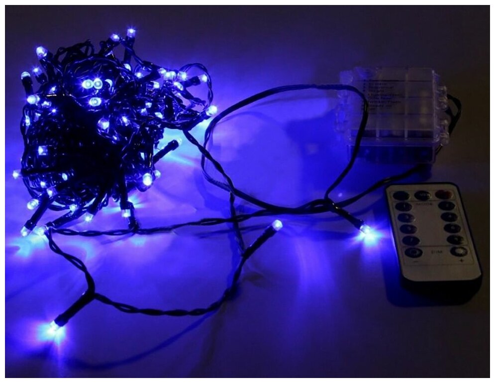 Светодиодная гирлянда на батарейках 120 синих LED ламп 12 м, черный ПВХ, контроллер, пульт управления, IP44, SNOWHOUSE LD120-GB-BO-RC
