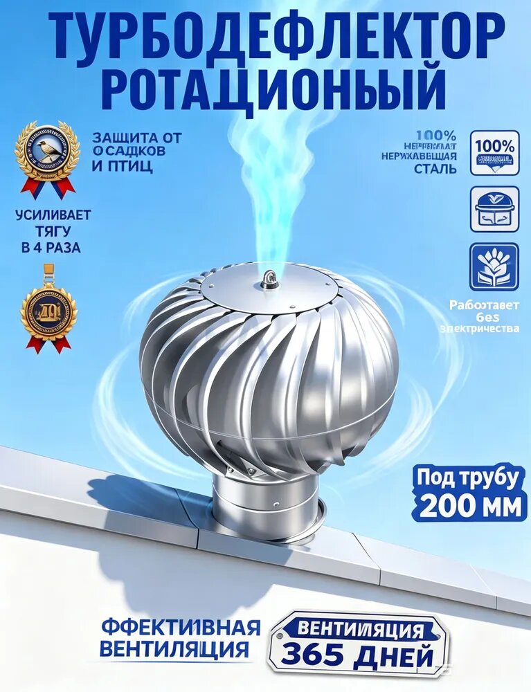 Турбодефлектор200 мм, для вентиляционной трубы, нержавеющая сталь, усилитель тяги