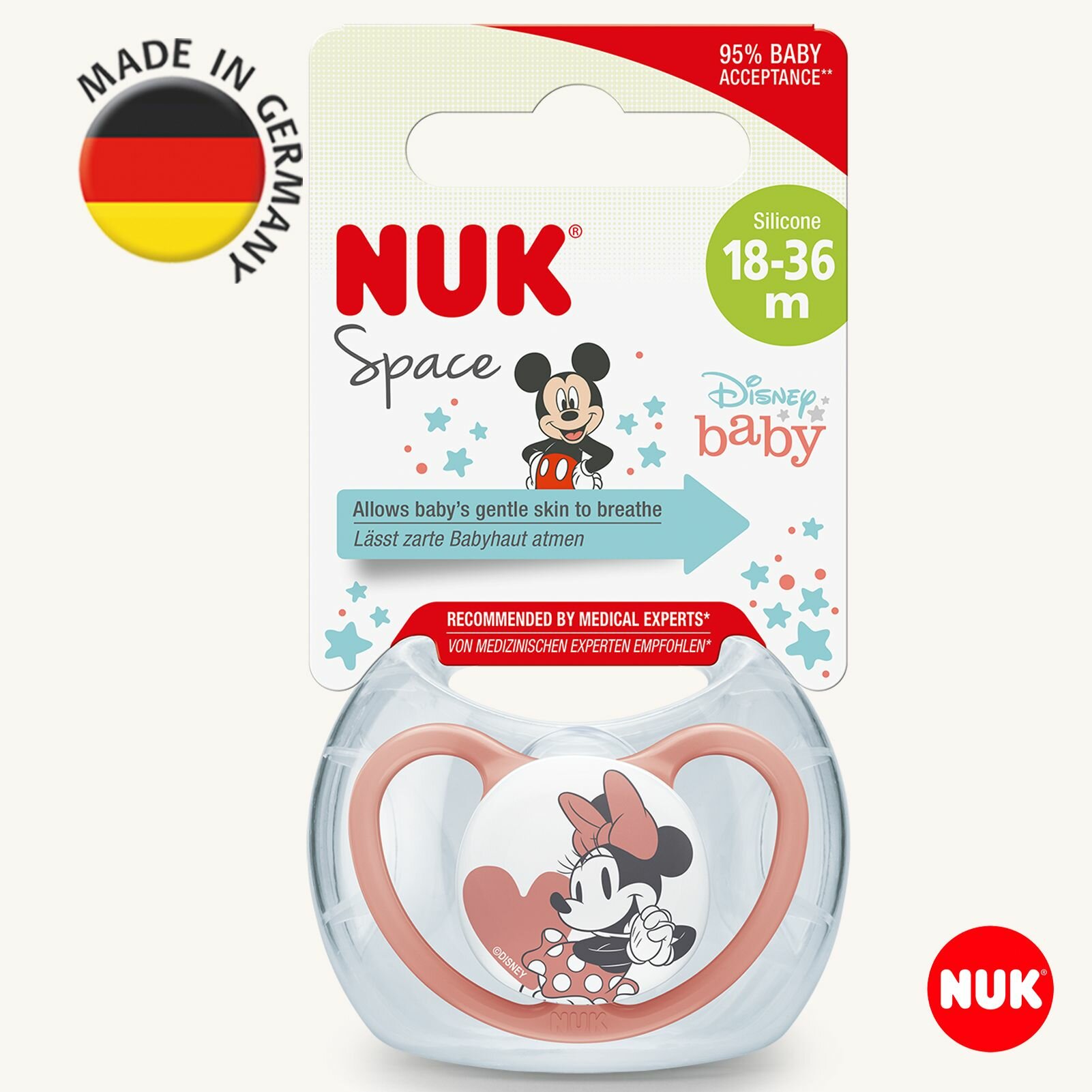 NUK SPACE MICKEY Соска пустышка ортодонтическая силиконовая для детей 18-36 месяцев, 1 шт.