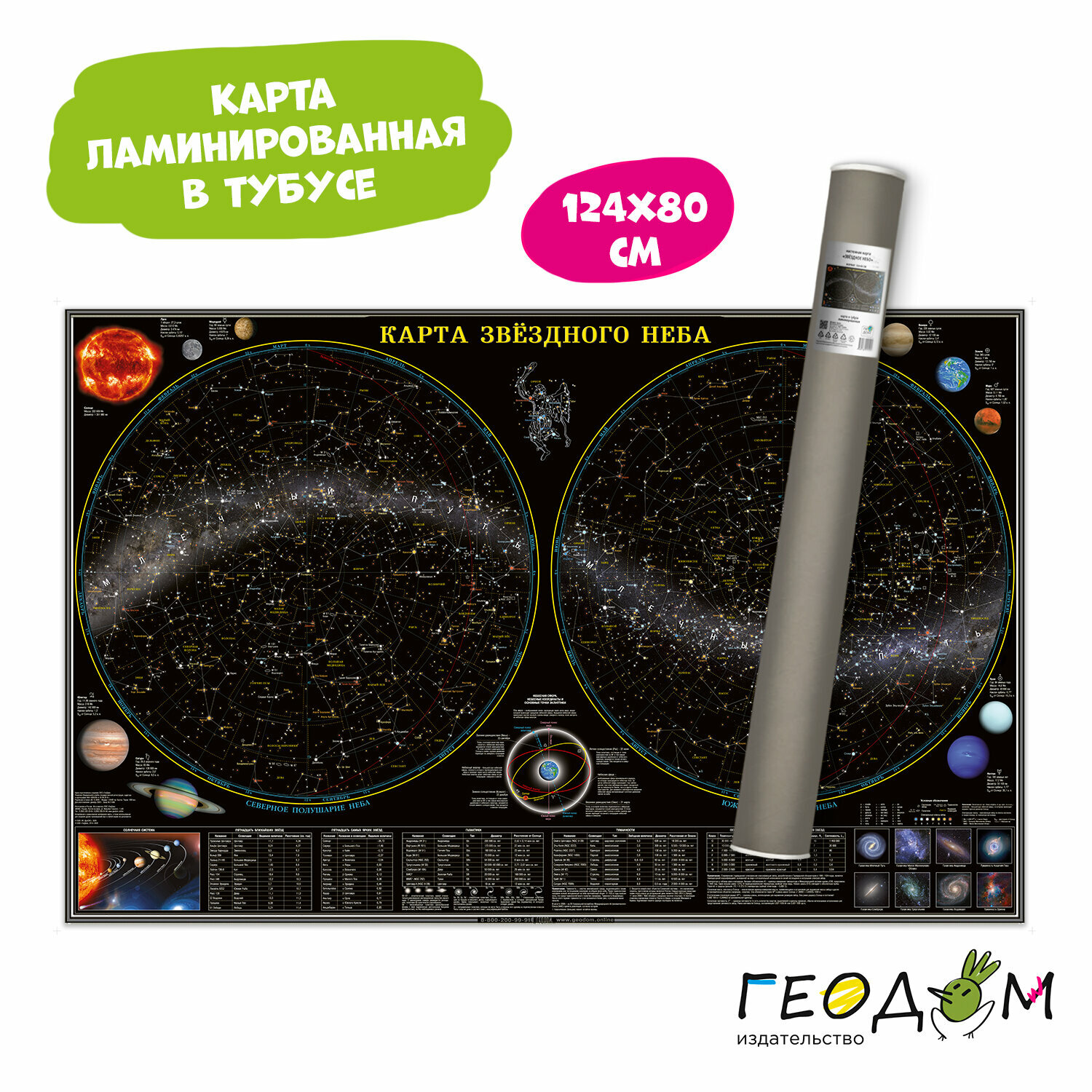 Настенная карта звездного неба ламинированная в тубусе. Планеты. 124х80 см.