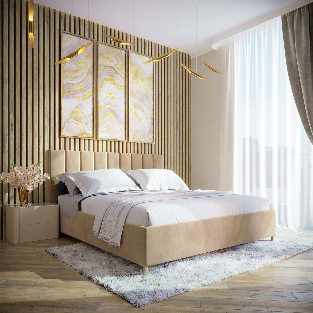 Мягкая кровать с настилом NS Line бежевый велюр, 180х200, без ножек