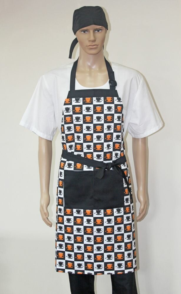Фартук поварской цельнокройный с регулируемой брителью чашки с черной отделкой (ткань тередо, плащевая)