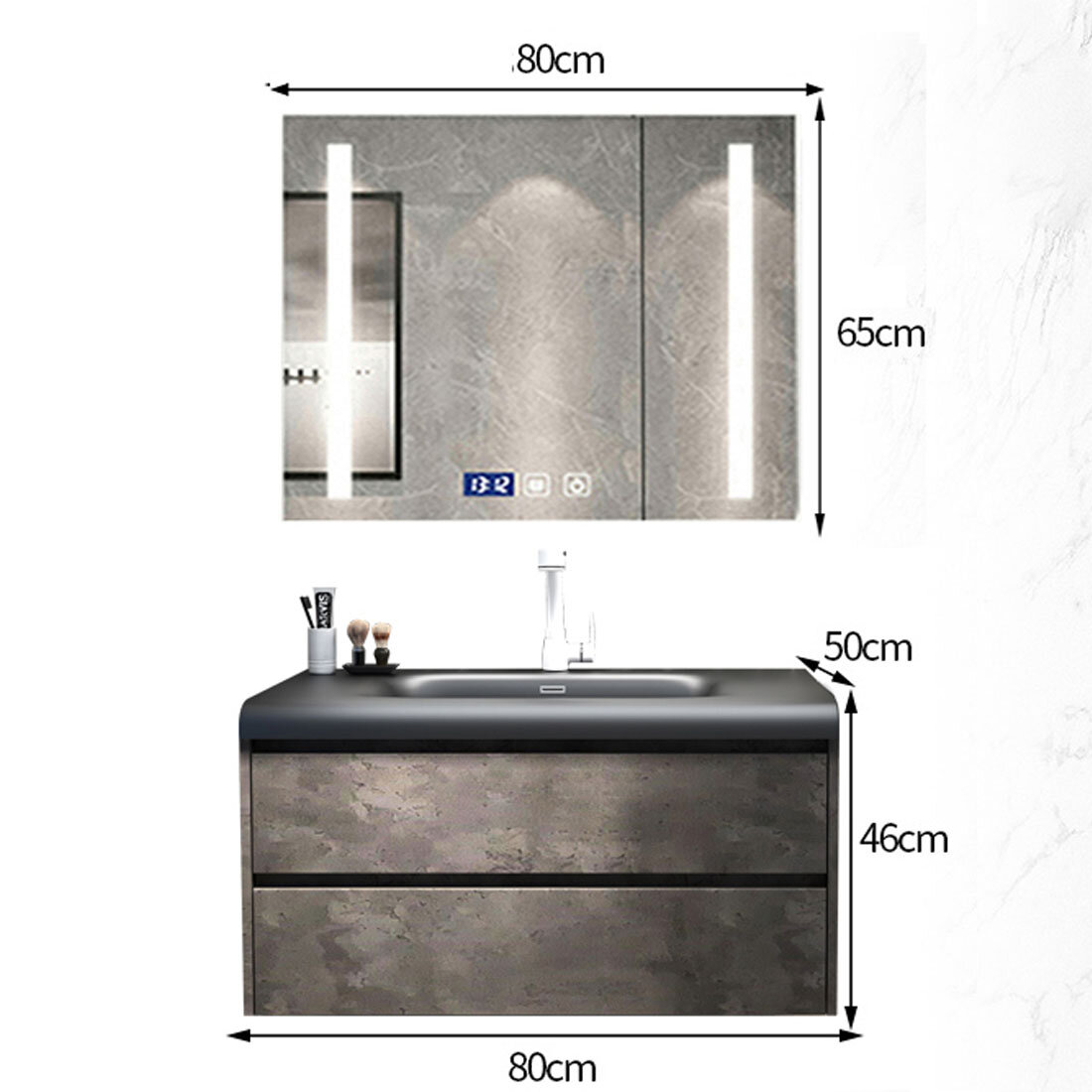 Комплект мебели для ванной Theseus - тумба с раковиной, умное зеркало с подсветкой (80 см, зеркальный шкафчик)