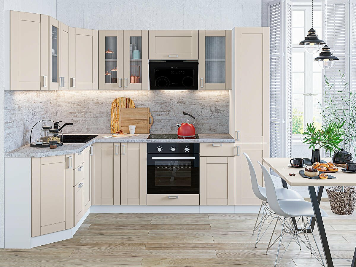 Готовый кухонный гарнитур кухня угловая без столешницы Лофт-04 2140*1700,2600*600 Cream Silk