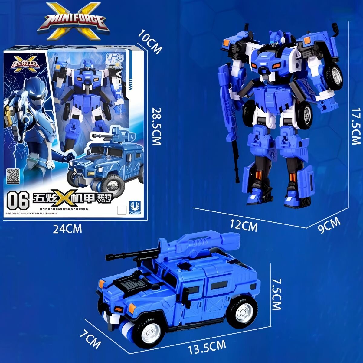 Трансформер Miniforce "Volt", интерактивная игра, 5 трансформаций, пластик, синий, 18см — фото 1