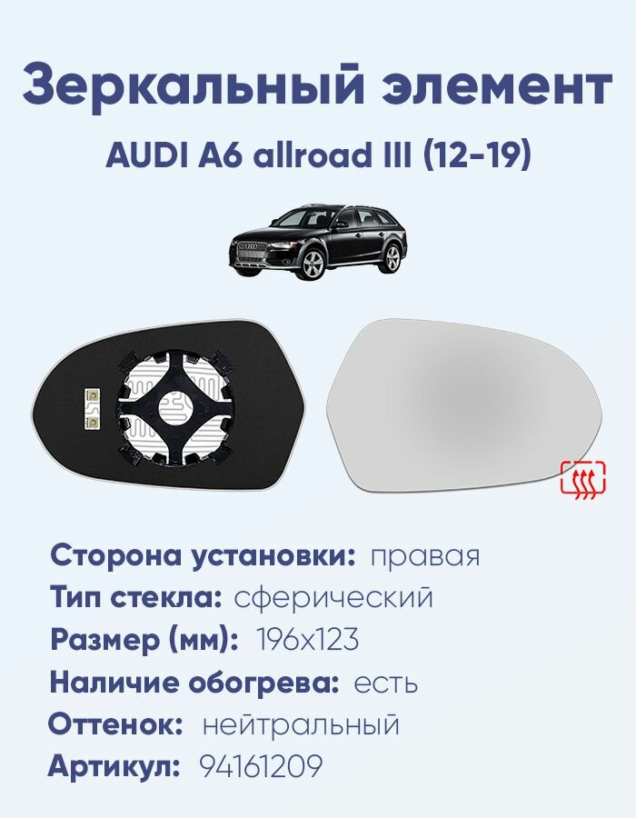 Зеркальный элемент правый AUDI A6 allroad III (12-19) сфера нейтральный с обогревом