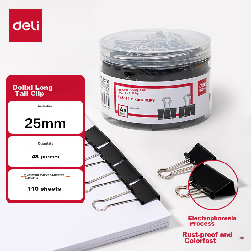 [Super Popular] Deli 48 Pieces 25mm Black Long Tail Clips Binder Clips, Metal Binder Clips for Documents And Files, Office Supplies, Medium Size, 48 Pieces/tube, 8564