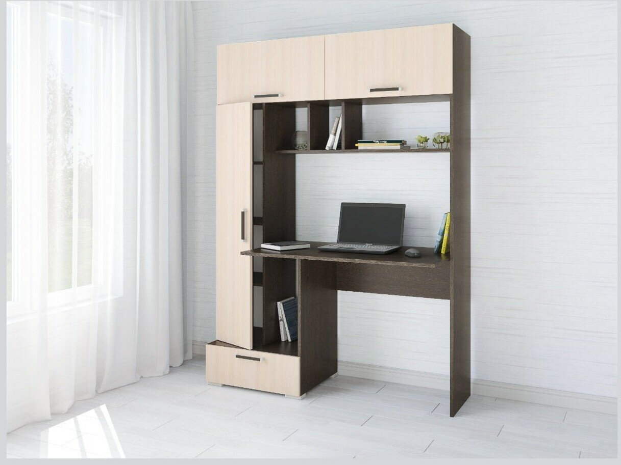 Компьютерный стол с полками для хранения, венге/дуб молочный