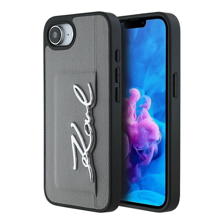 Karl Lagerfeld чехол с карманом для карты на iPhone 17e/16e, зернистая PU-кожа, металлический логотип, серебристый