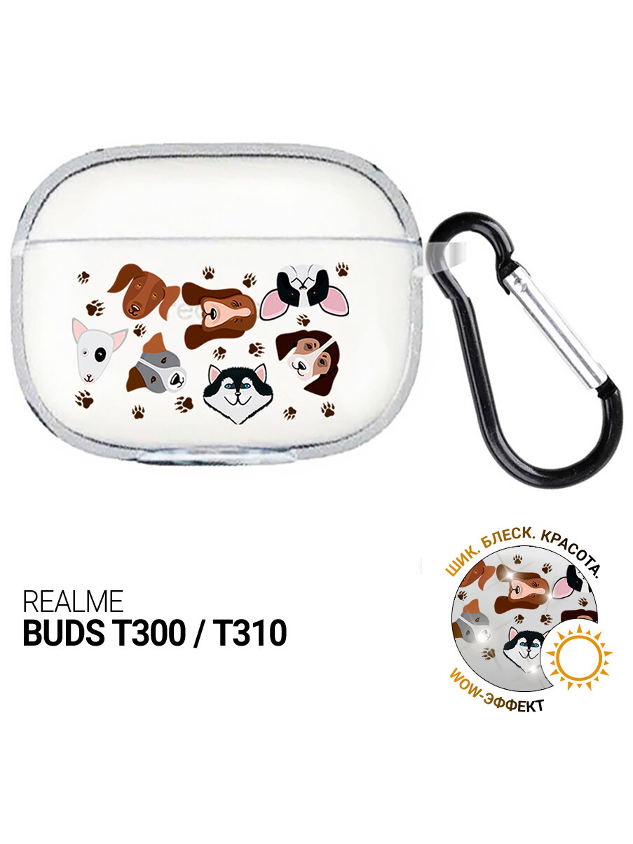 Чехол на Realme Buds T300 / T310 с принтом "Dogs Pattern" прозрачный