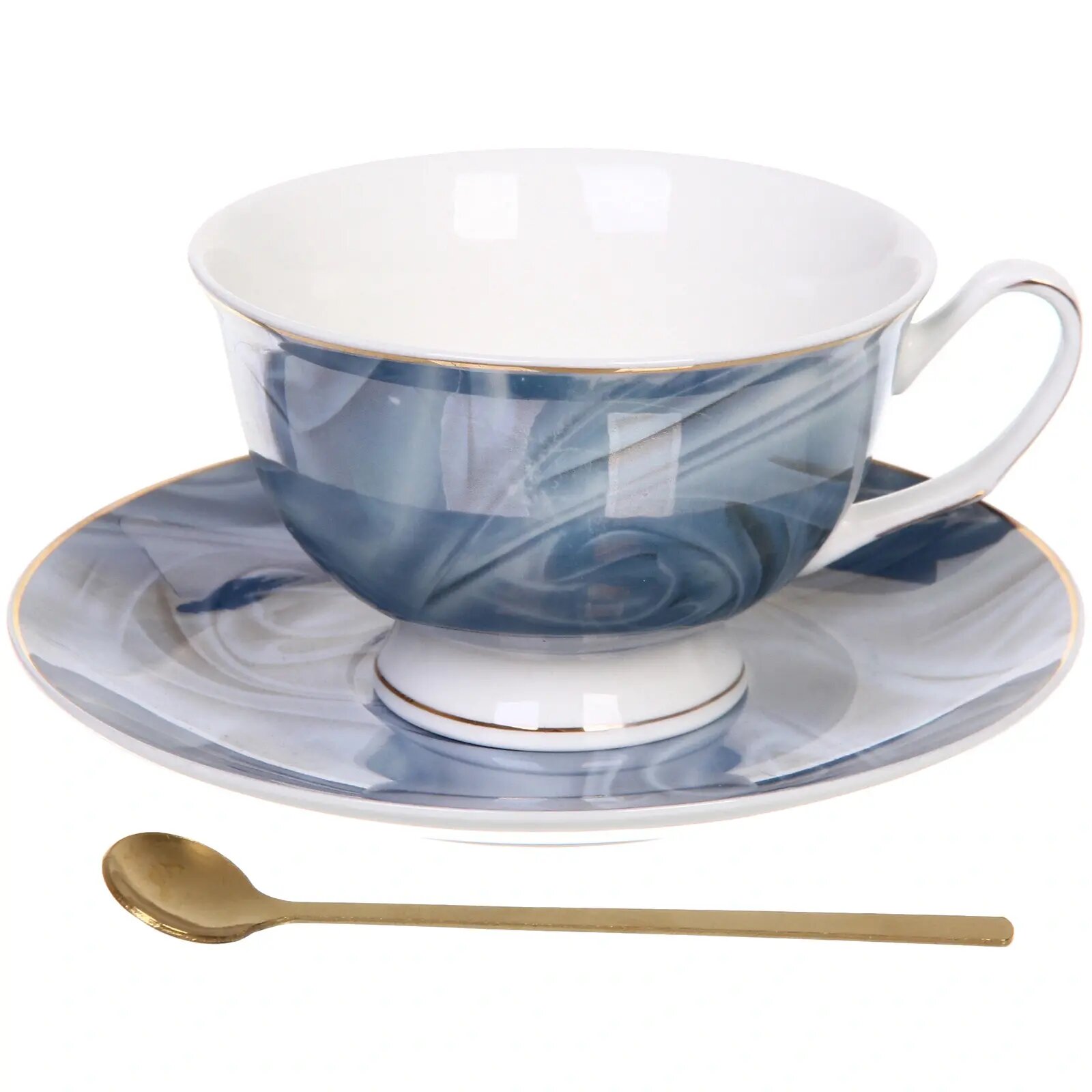 Чайная пара «Поэзия» – мраморная чашка 220 мл, блюдце и ложка в синей отделке, глянцевая керамика
