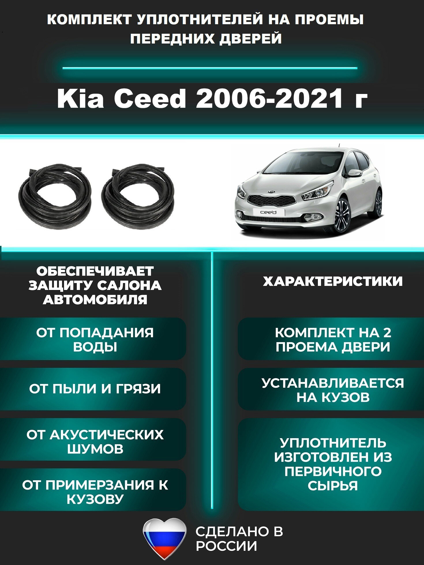 Комплект уплотнителей проема передних дверей, подходит на Kia Ceed 2006-2021 г./ Киа Сид, 2 шт