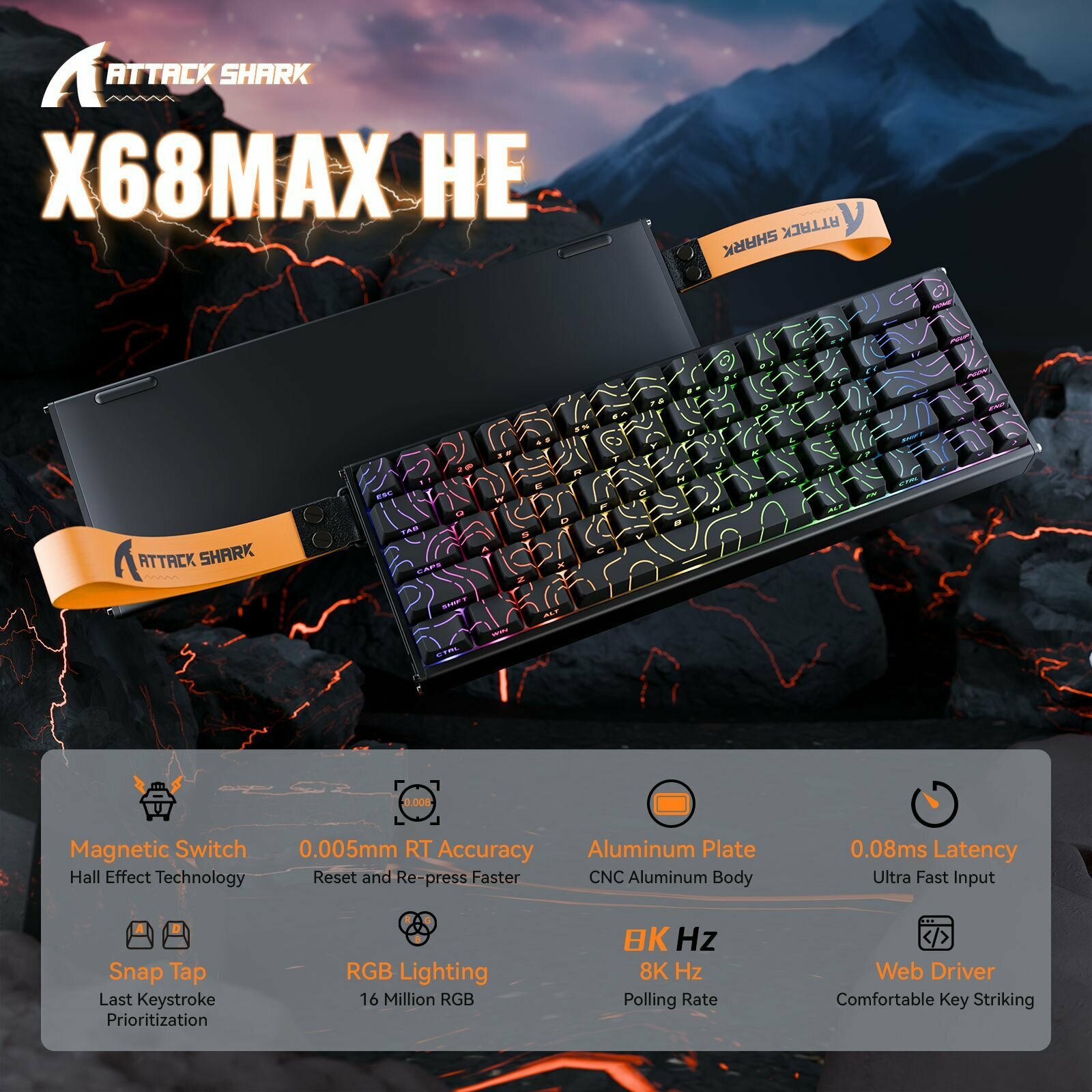 ATTACK SHARK X68 MAX HE Алюминиевая игровая клавиатура с проводным подключением и быстрым триггером, точность срабатывания 0,005 мм, магнитные переключатели на эффекте Холла