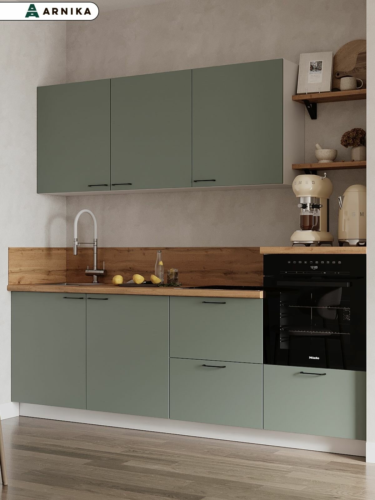 ARNIKA Кухонный гарнитур со столешницей "Дакия" 2,4м х цвет олива (зеленый), фасад Эмаль