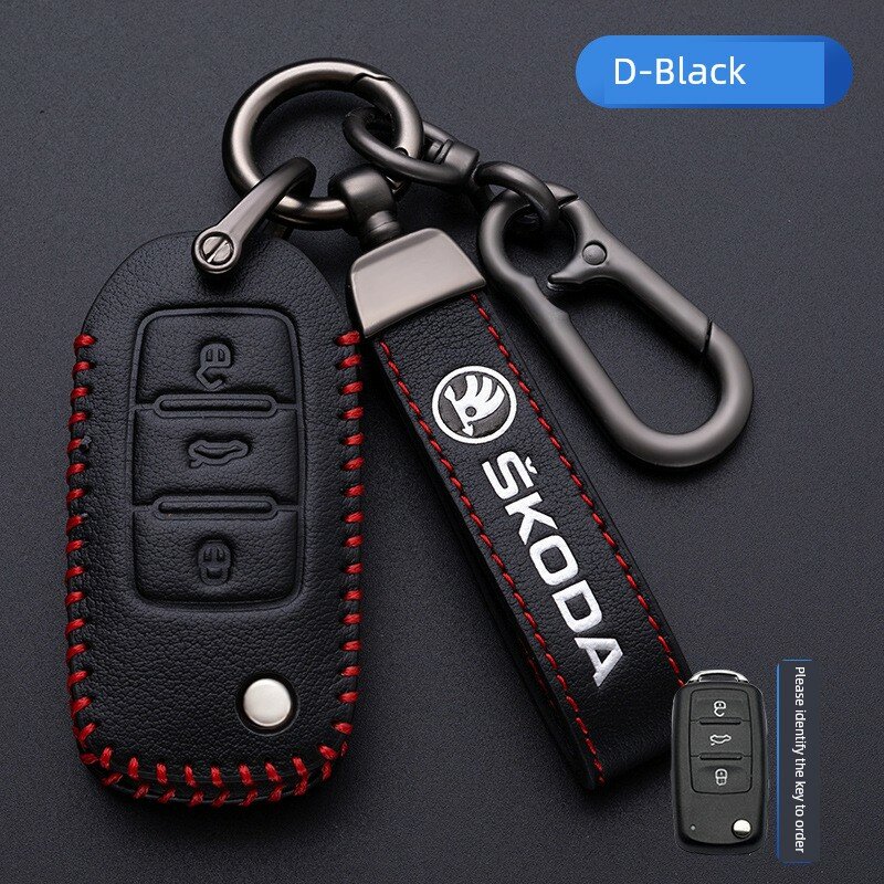 Кожаный чехол для ключей из натуральной кожи для Skoda Superb и Octavia, черный с красными полосами, премиум-качество,