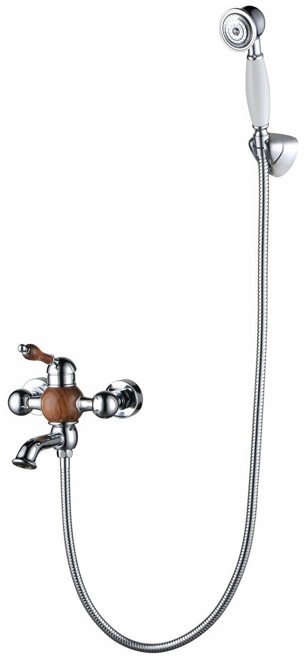Смеситель для ванны KAISER Wood, 61022, с душевой лейкой / хром дуб / с поворотным изливом / Германия, Гарантия 5 лет