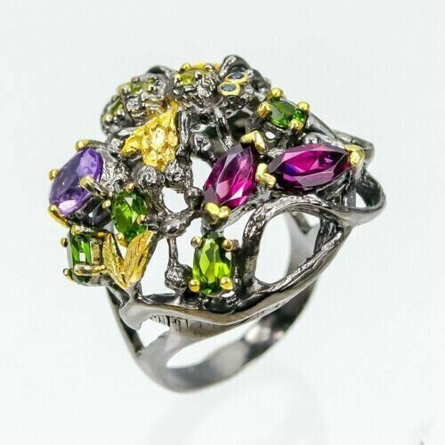 Кольцо помолвочное, серебро, 925 проба, чернение, хромдиопсид, родолит, аметист