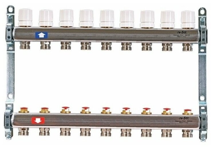 Колл. группа на 9 выходов UNI-FITT 1"x3/4" ЕК с рег. и термостатическими вентилями - нерж. сталь