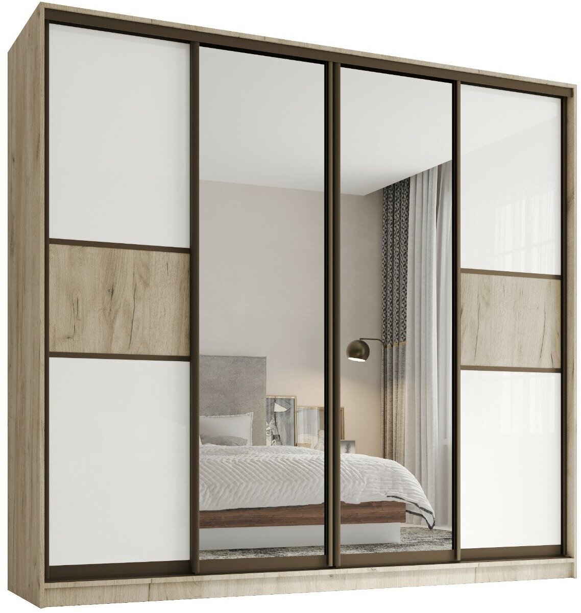 Шкаф купе, для одежды Никлас 4, Легкомаркет, 200х45х200, белье/платье/платье, дуб крафт серый, профиль коньяк, с зеркалом