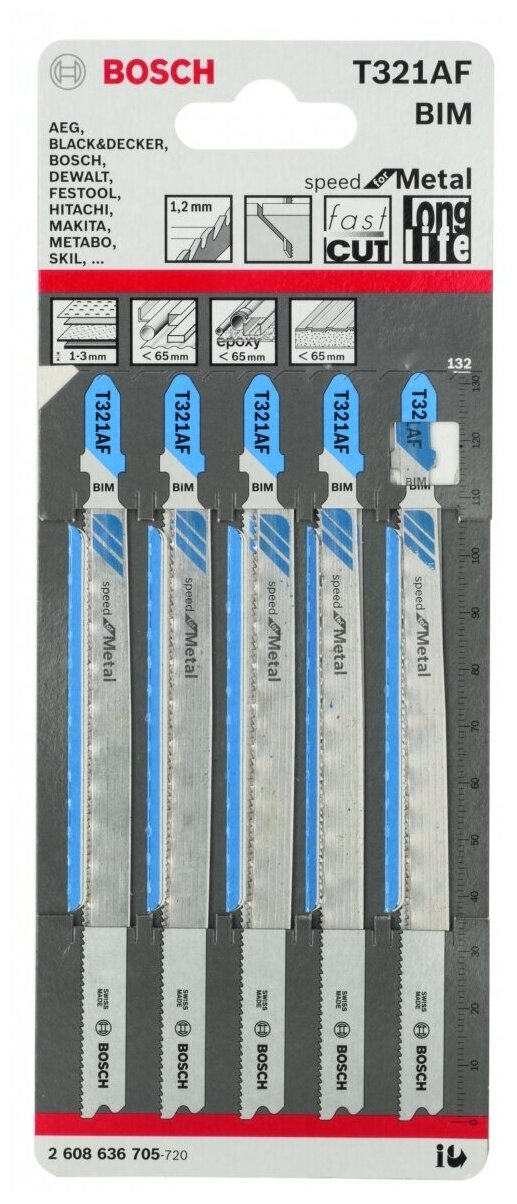 5 лобзиковых пилок Bosch, T 321 AF SPEED METAL 2608636705