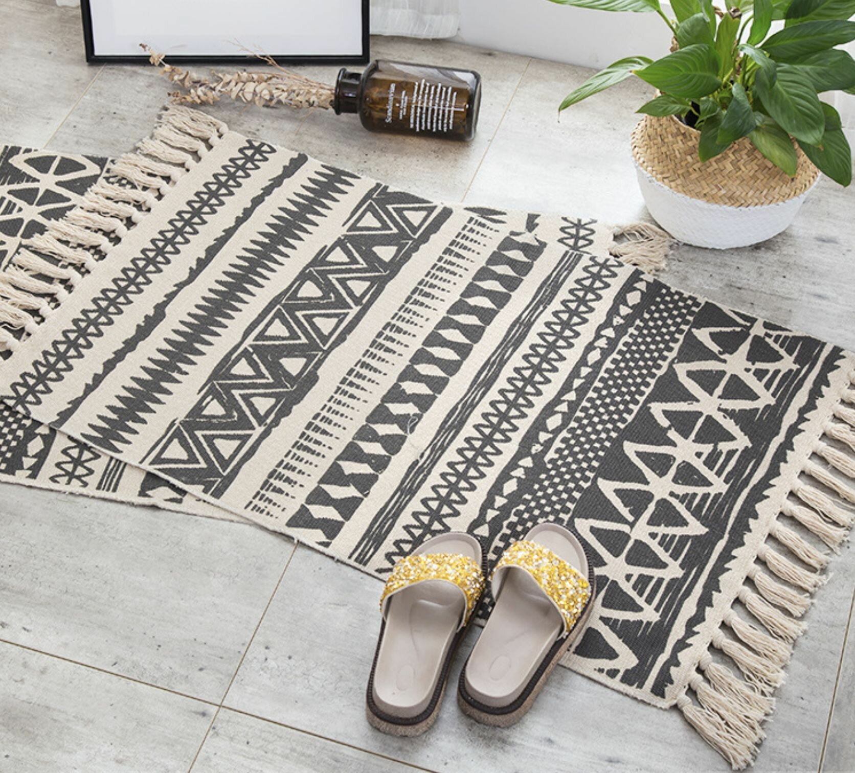 Коврик прикроватный в спальню и гостиную Nordic Style, хлопковый, Серый ромб