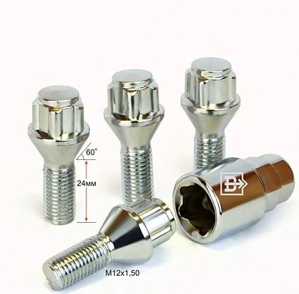 Болт колесный секретный M12х24х1,5 ( конус с буртиком, 5 лучей, 1 ключ)