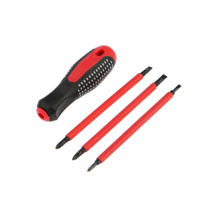 Отвертка диэлектрическая тундра, 2К рукоятка, двухсторонние биты 3 шт, до 1000 В
