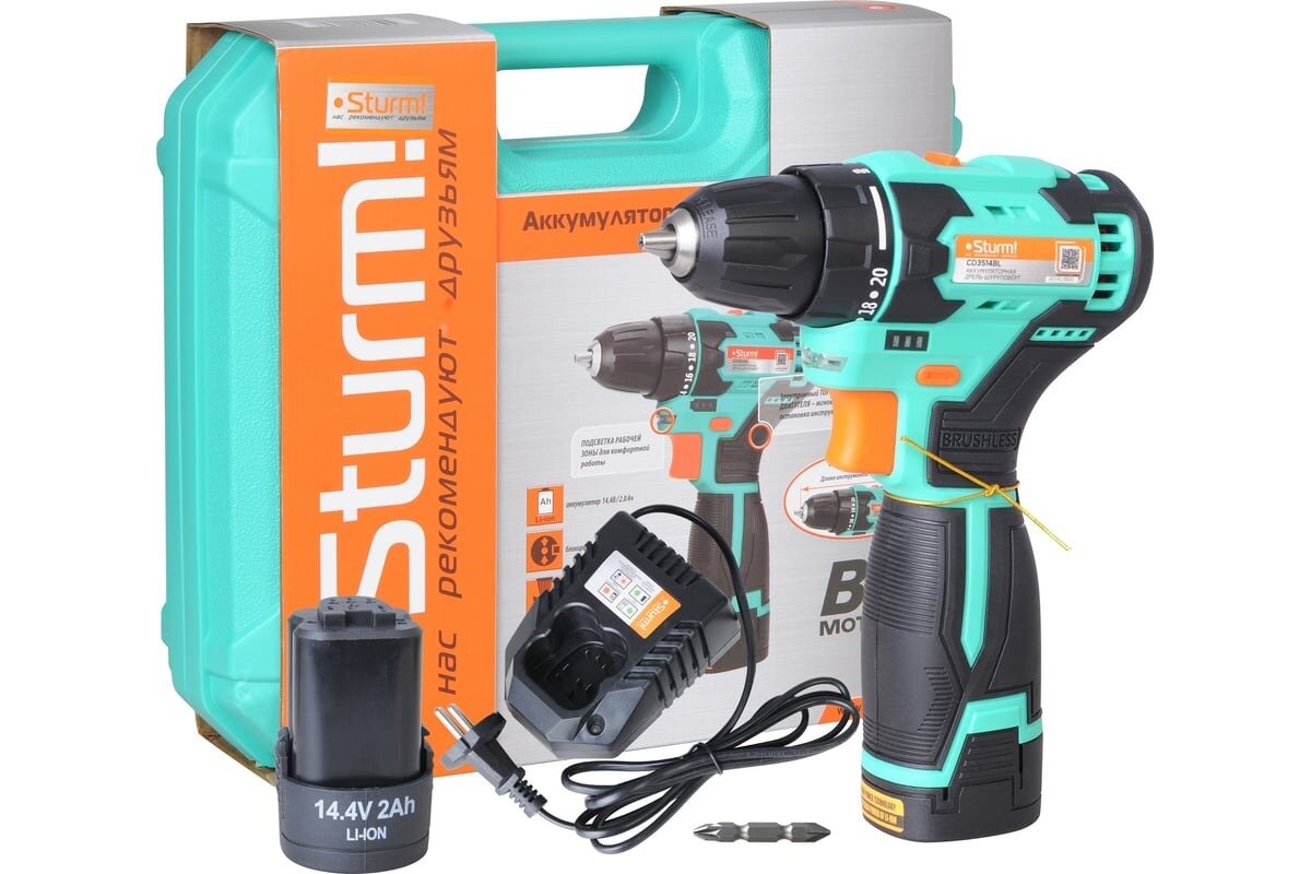 Дрель-шуруповерт аккумуляторная Sturm! CD-3514BL бесщеточная 14В Li-Ion, 2x2.0 А·ч, 38Н·м, 2 скор, пистолетная рукоять, бесщеточный двигатель, компактный, блок