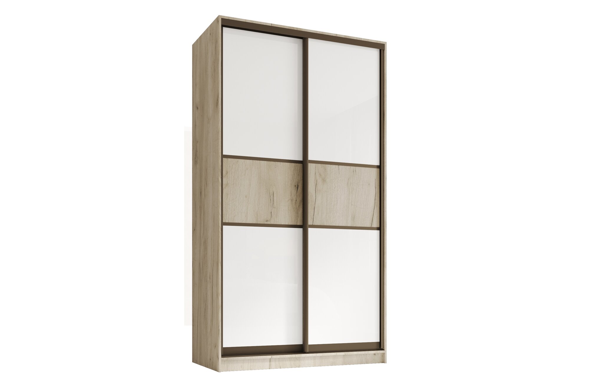 Шкаф купе для одежды Кастелло 2, Oracal белый, МФ-Купе, 140х45х220, белье/платье, с ящиками, дуб крафт серый, профиль коньяк