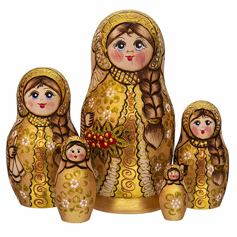 Матрешка деревянная золотая жженка Рябинка авторская 5 мест 18 см