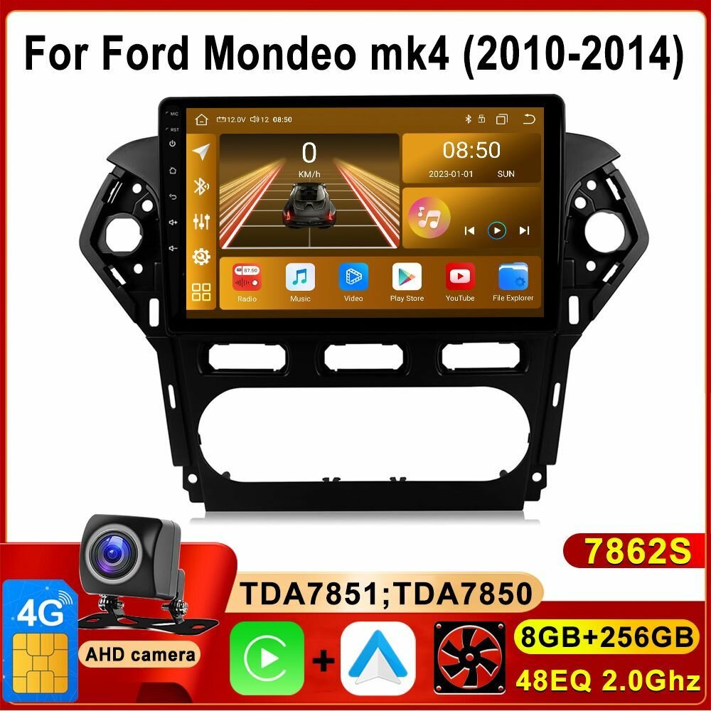 Автомагнитола для Ford Mondeo 4 2010-2014+ Камера (8 ядер 8+256GB 4G Модем, Sim-Карта, DSP, Carplay) Адаптация под Россию Автомагнитола для Форд Мондео 4