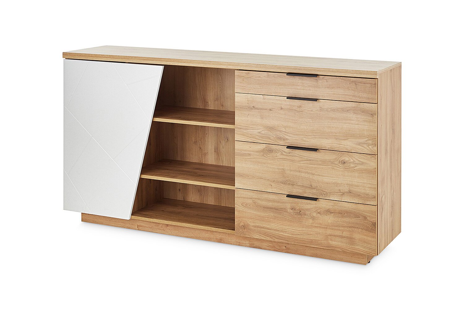 Тумба напольная Hoff Kaylas, 170,4х92,4х40,3 см, для гостиной, 4 ящика, 2 открытых полки и дверца, матовый фасад, ЛДСП/МДФ, цвет дуб наварра, эко джелато