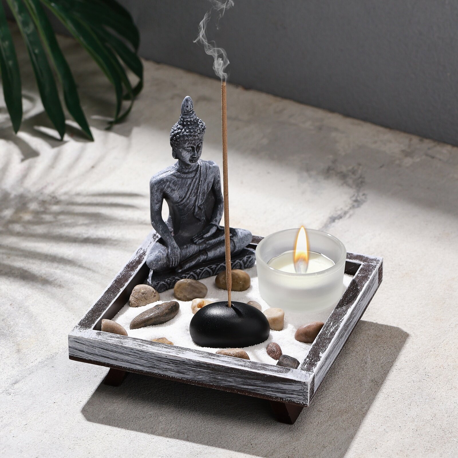 Японский сад камней настольный «Дзен. Мечта», с подставкой для благовоний, набор аксессуаров,12.5×12.5×13 см, бетон
