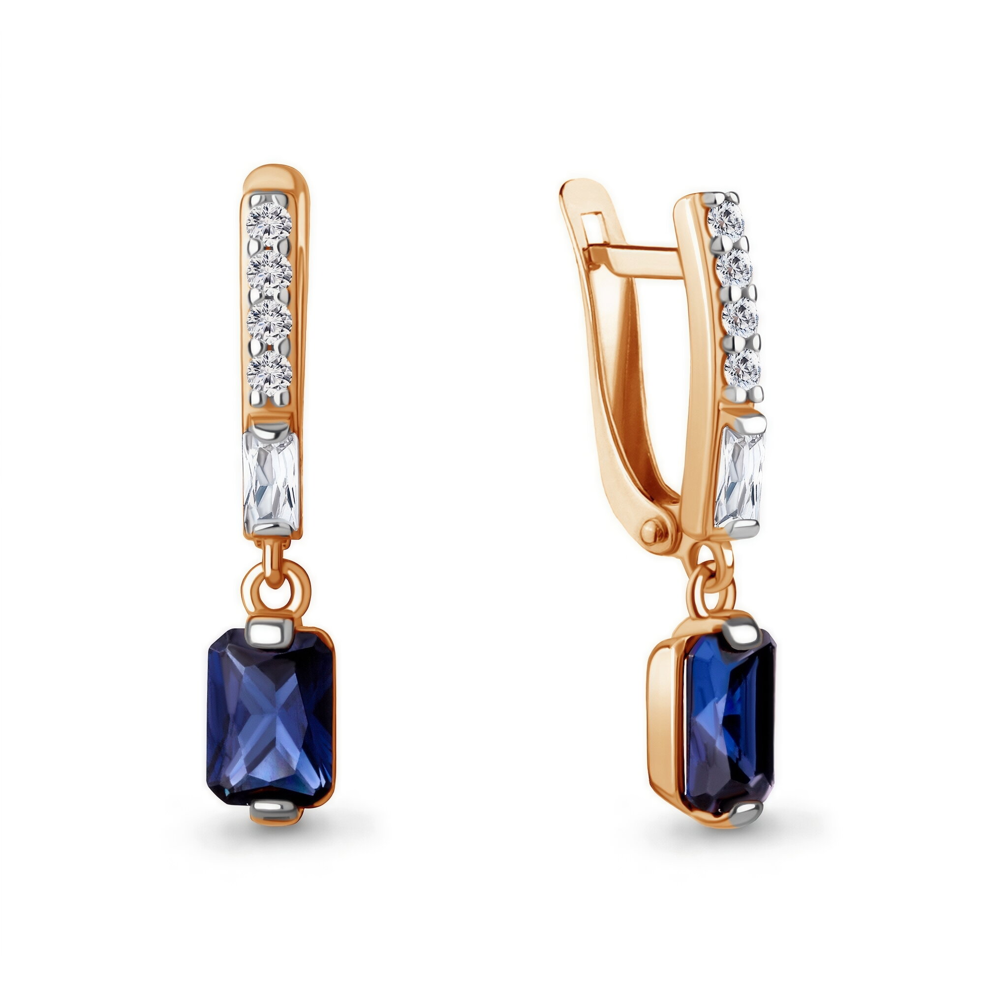 Серьги, серебро, 925 проба, золочение, сапфир синтетический, фианит