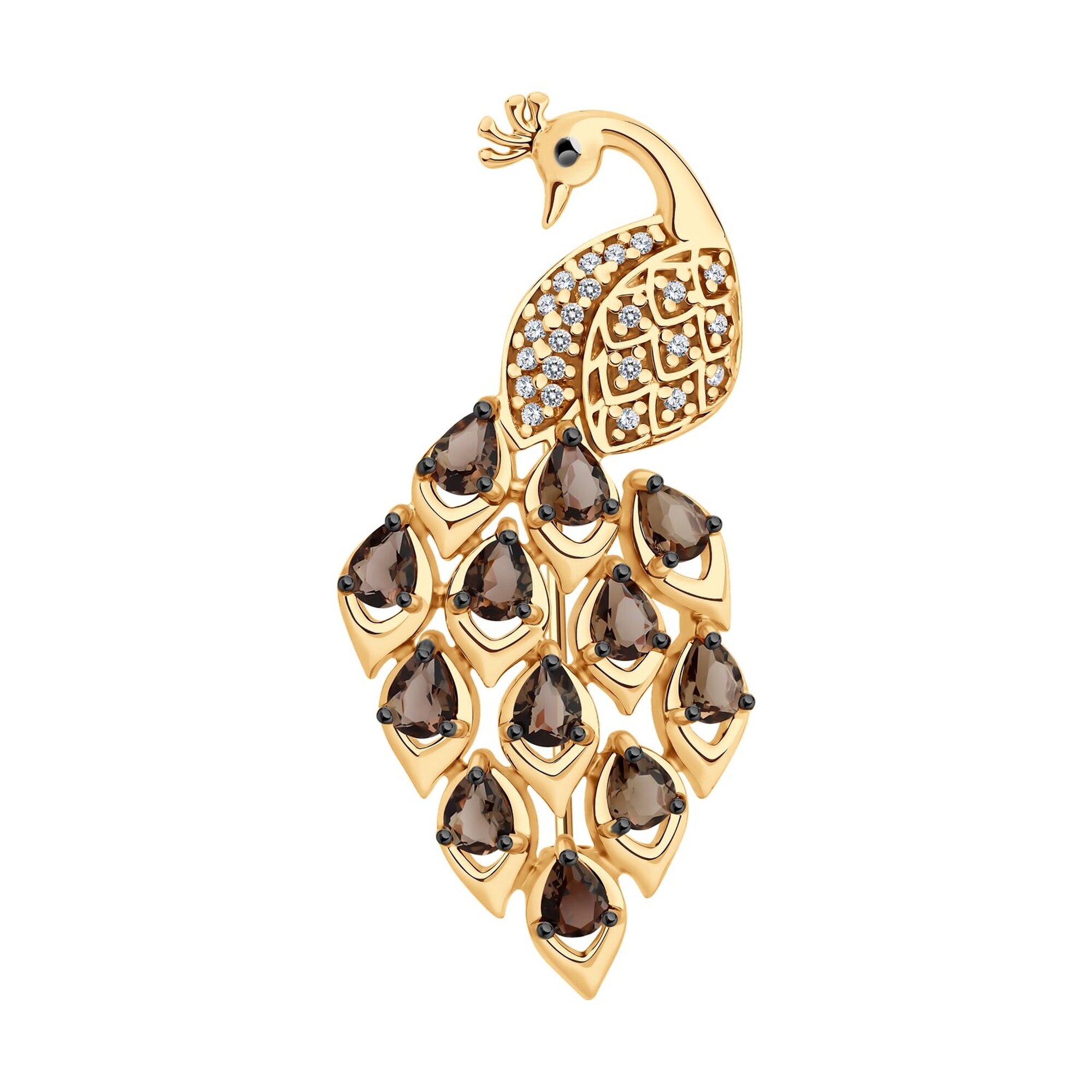 Брошь, серебро, 925 проба, золочение, раухтопаз, фианит