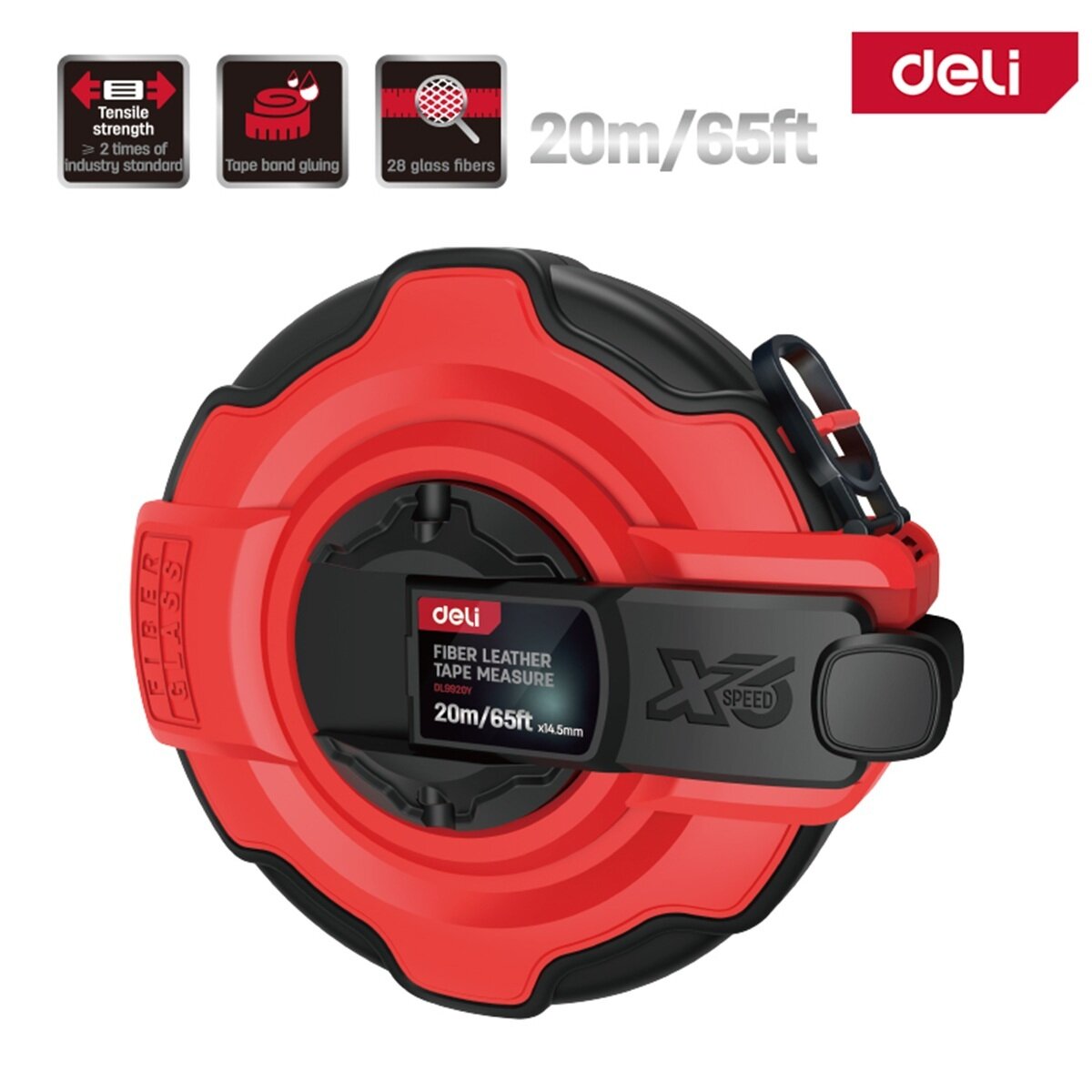 Мерная лента профессиональная 20м*14,5мм Deli DL9920Y (полотно из стекловолокна и ПВХ, супербыстрое сматывание ленты)