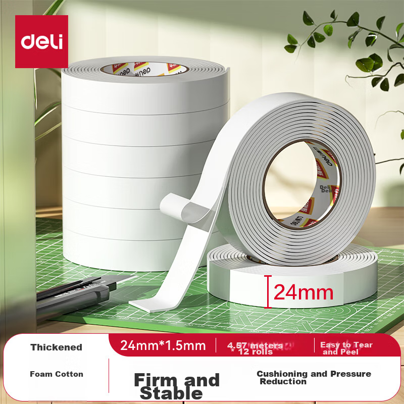 Deli High-Adhesive EVA Foam Double-Sided Tape, Foam Double-Sided Tape, Strong Adhesive, Wall-Free Adhesive, 24mm*5y, White, 12 Rolls Per Box, Office Supplies, JL102