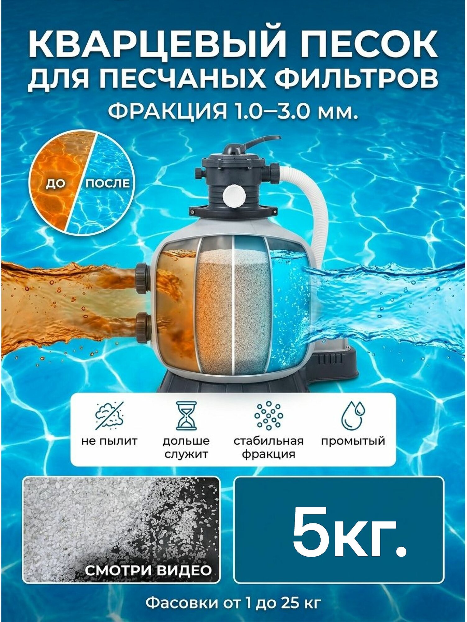 Кварцевый песок для фильтра бассейна 1.0-3.0 мм, средняя фракция, загрузка для фильтрации воды, чистый кварц, 5 кг