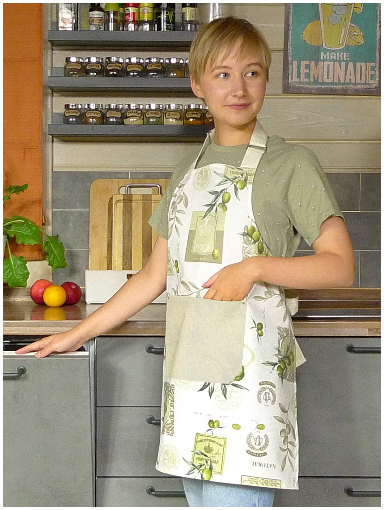 Фартук кухонный женский непромокаемый Maifon Оливки, поварской передник на завязках, хлопок