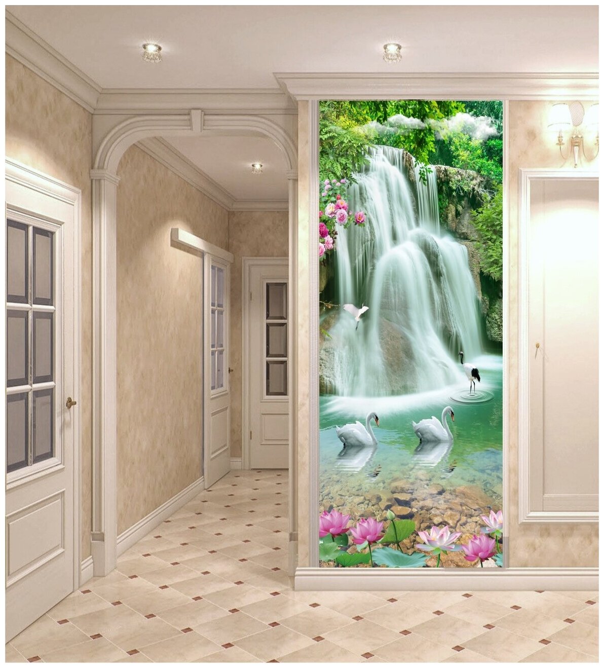 Фотообои "Водопад с лебедями" 100х260 см.