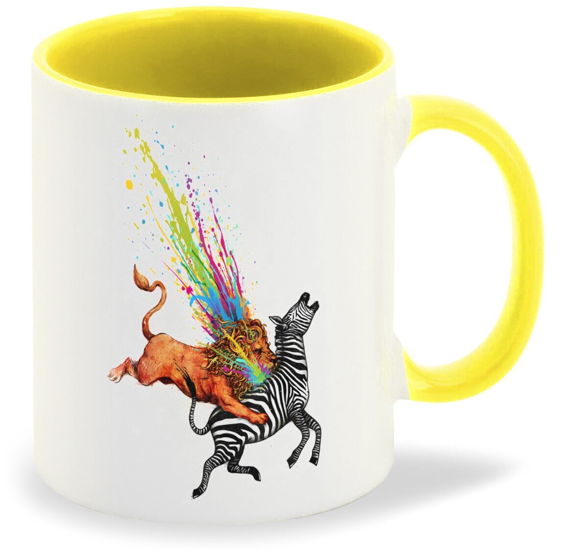Кружка желтая CoolPodarok Лев нападает на зебру красочная кровь