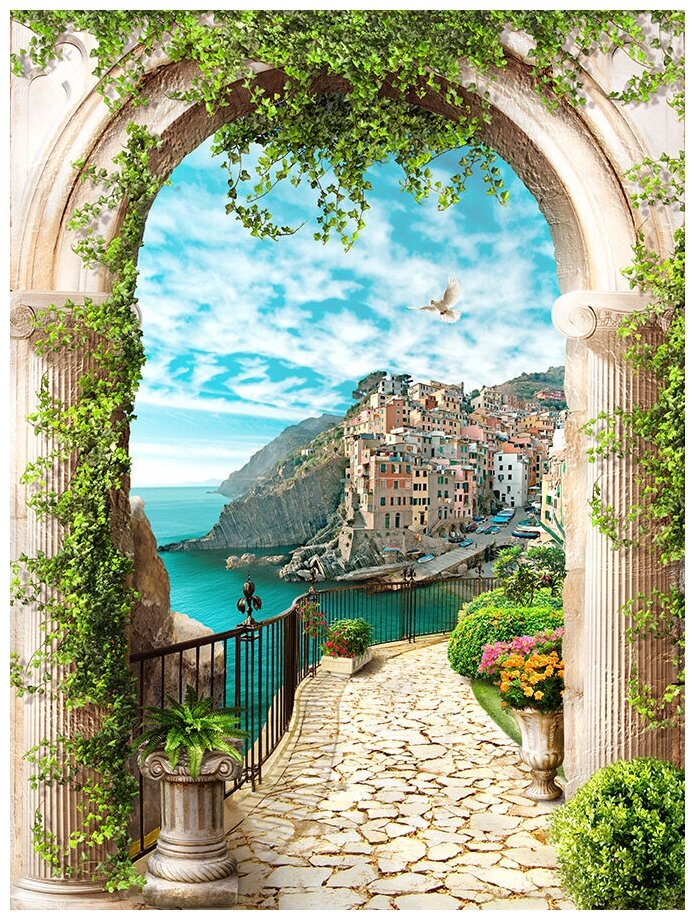 Фотообои Уютная стена "Арка на набережной" 200х270 см Бесшовные Премиум (единым полотном)