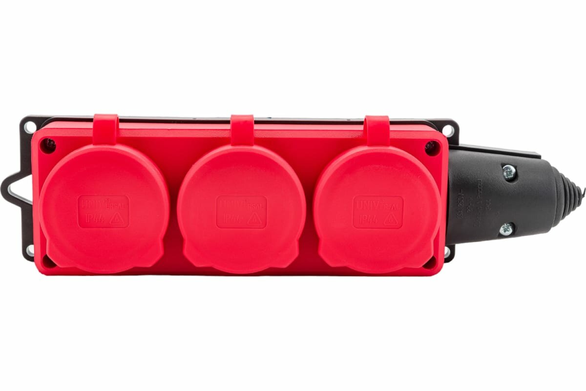 UNIVersal Колодка 3-х местная однофазная с заглушками компакт c заземлением каучук 16А 250Вт ip44 цвет красный еврослот 3073