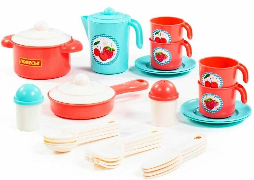 Детская игрушечная посуда "Настенька", сюжетно-ролевой набор для девочек на 4 персоны, 28 элементов для юного повара