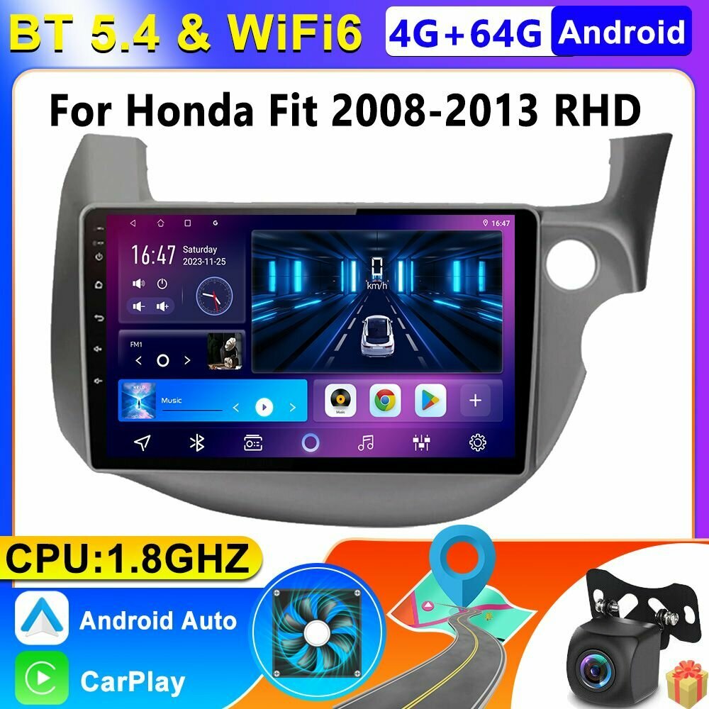 Штатная магнитола дин Honda Fit 2 / Jazz / Fit Shuttle 2007-2014 (F2-правый руль) Хонда Фит, Джаз-4+64G-Android Auto-Carplay-Gps навигатор
