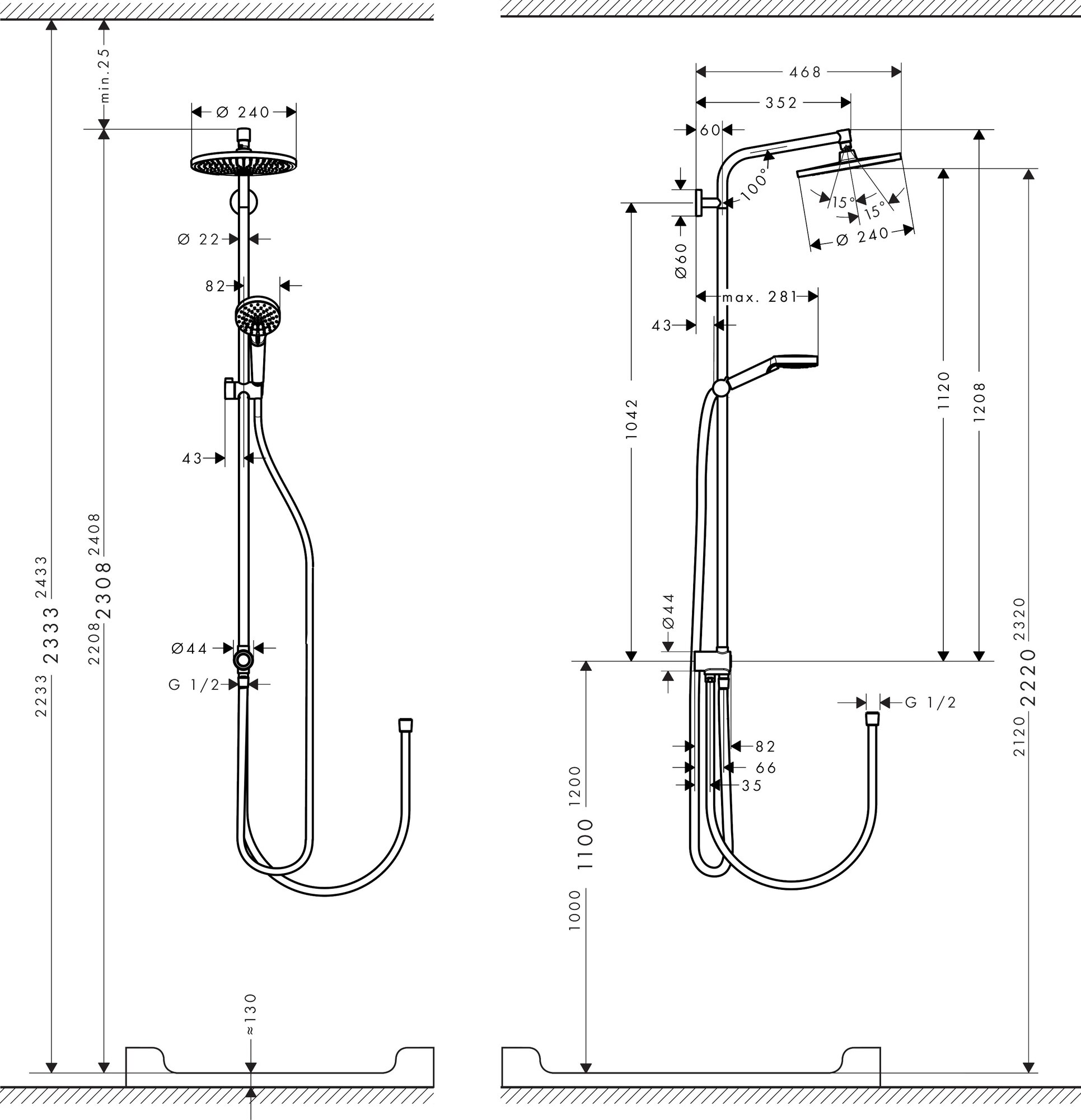 Hg crometta s душевая система showerpipe: верх. душ 240 1jet, ручн шланг ecosmart цвет: белый хром 2