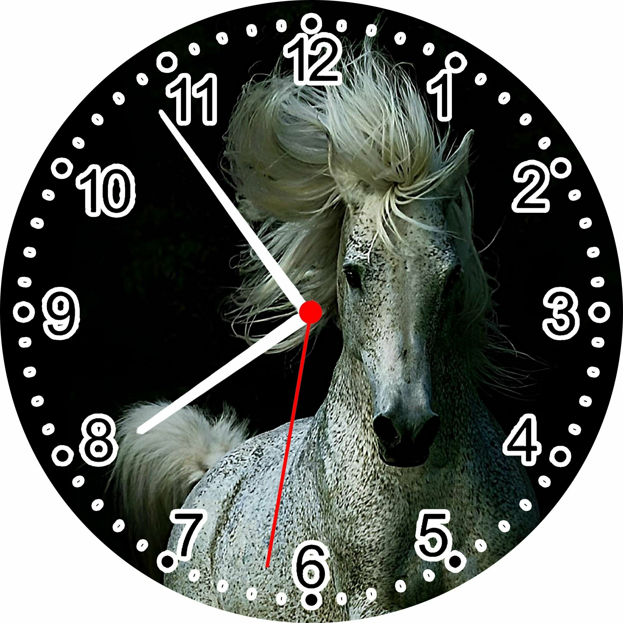 Конь/Лошадь/ Часы из древесины прессованной (МДФ) D-27 см - 5 мм, Настенные и Настольные с подставкой в комплекте , Уникальное фото прекрасного, дорого арабского скакуна "с гречкой", бесшумные